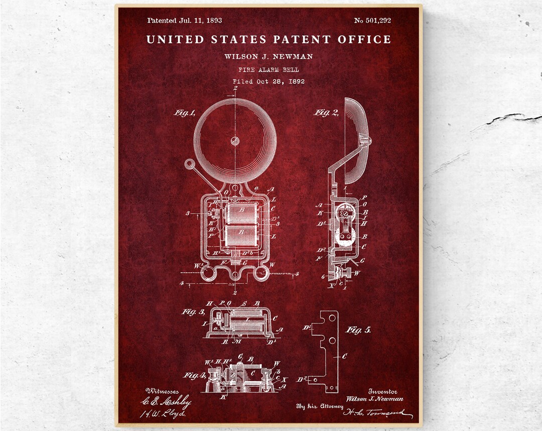 Fire Alarm Bell 1893 Patent Print, Fireman Firefighter Gift, Antique ...