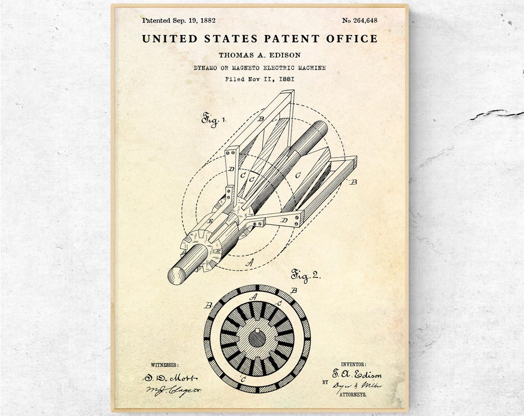 Thomas Edison Dynamo Electric Generator 1882 Patent Print. Electrical ...