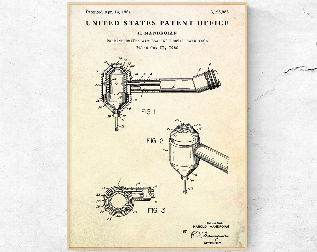 Air-driven Dental Drill 1964 Patent Print. Dentistry Inventions ...