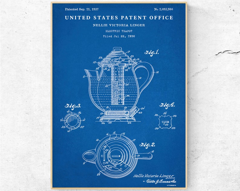 Electric Teapot 1937 Patent Print. Blueprint Poster. Tea Lover Gift ...