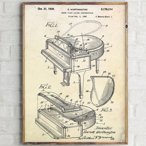 Piano Patent Print. Piano Blueprint. Music Room Decor. Music | Etsy