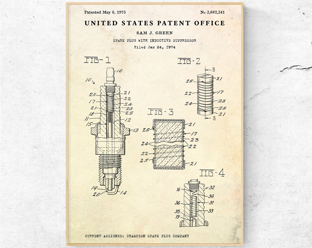 Spark Plug 1975 Patent Print, Engine Invention, Automotive Industry ...
