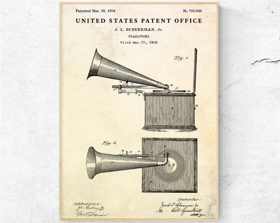 Gramophone Vintage Patent Drawing Print. Music Blueprint Art | Etsy