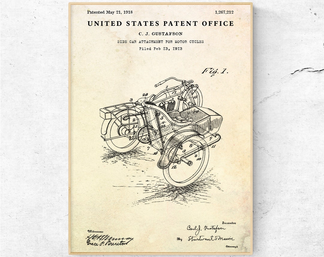 Motorcycle Sidecar 1918 Patent Print. Moto Inventions Blueprint Poster ...