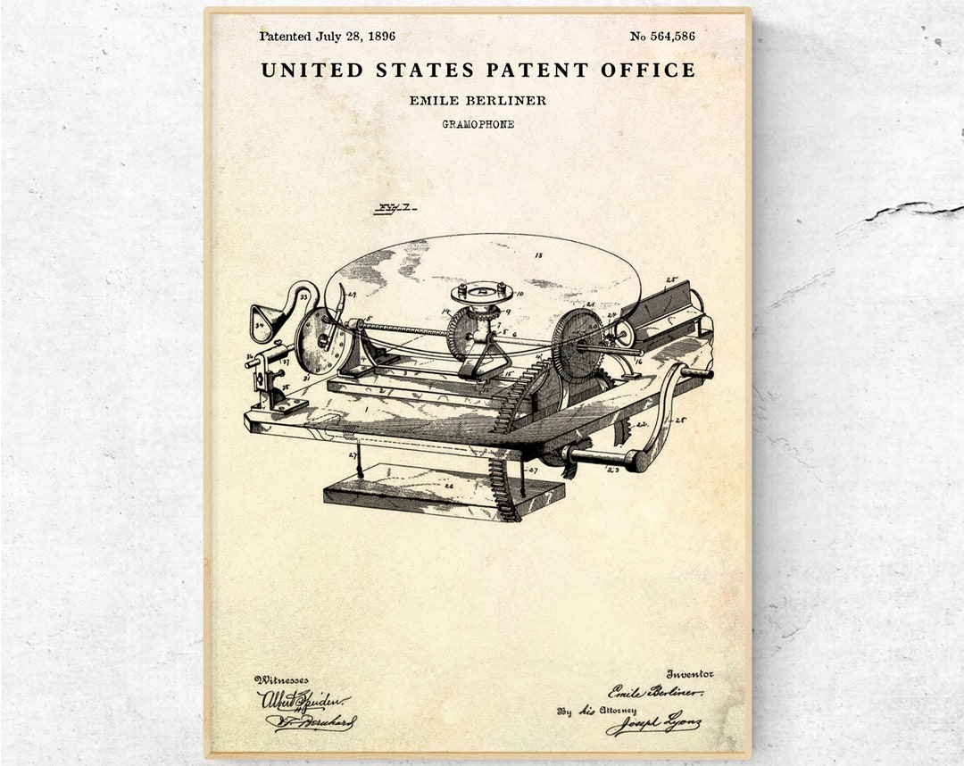 Gramophone 1896 Patent Print. Record Player Antique Blueprint Poster ...