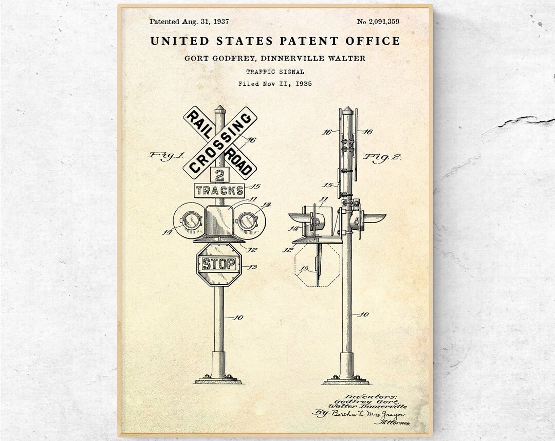 Railroad Crossing Sign 1937 Patent Print, Railway Traffic Light Wall ...