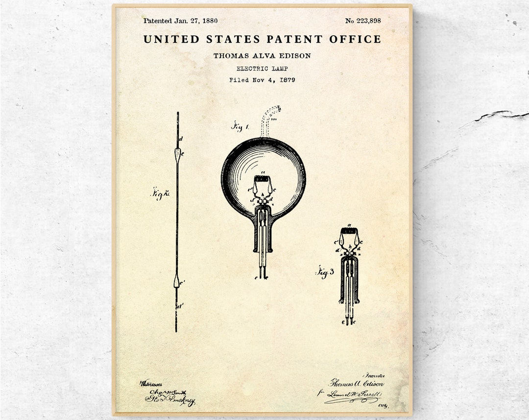 Electric Lamp 1880 Patent Print. Incandescent Lightbulb Edison Vintage ...