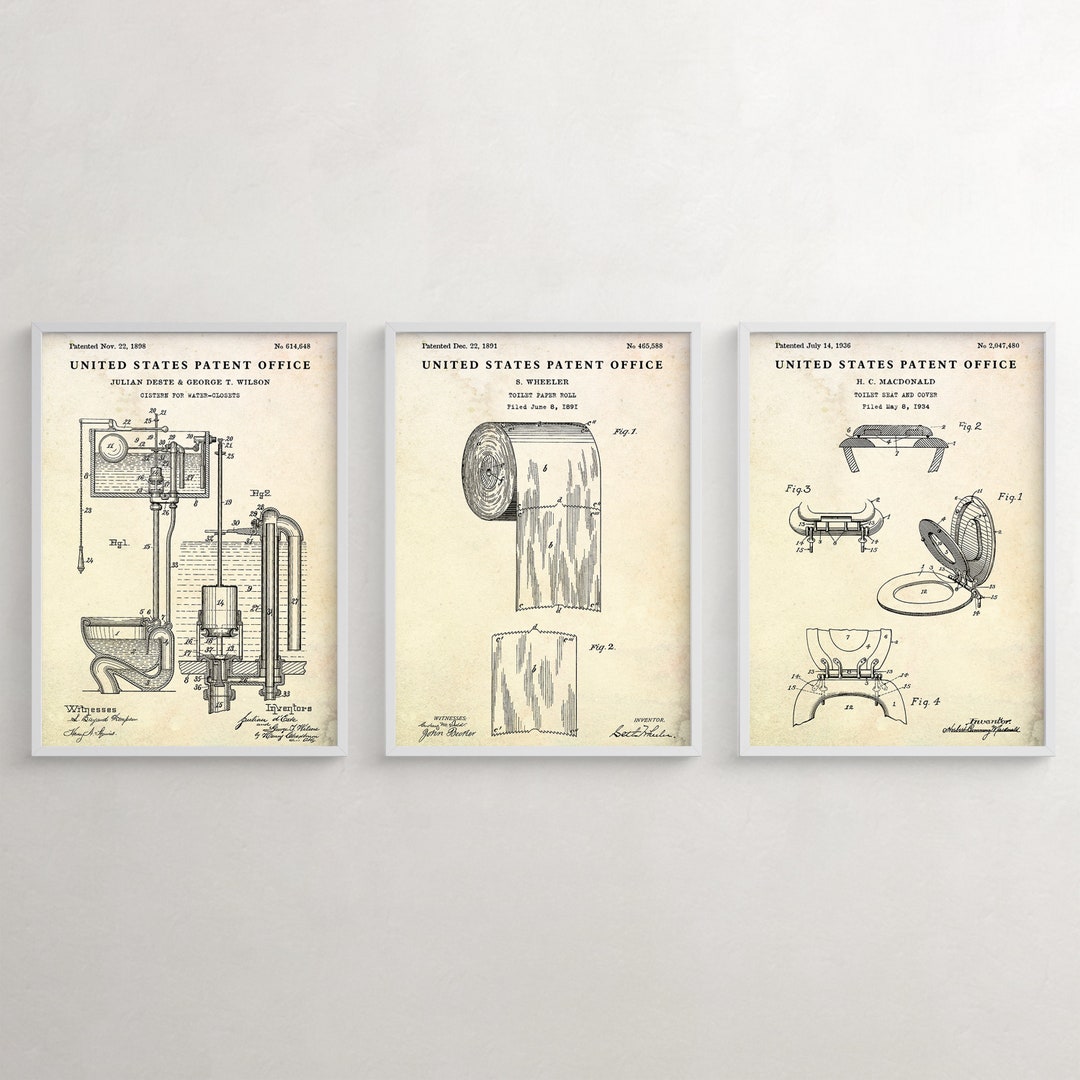 Bathroom Wall Decor, Vintage Patent Drawing Prints, Toilet Inventions ...
