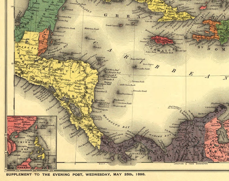 Caribbean Area Antique Map 1898. Caribbean Ancient Map Poster. - Etsy