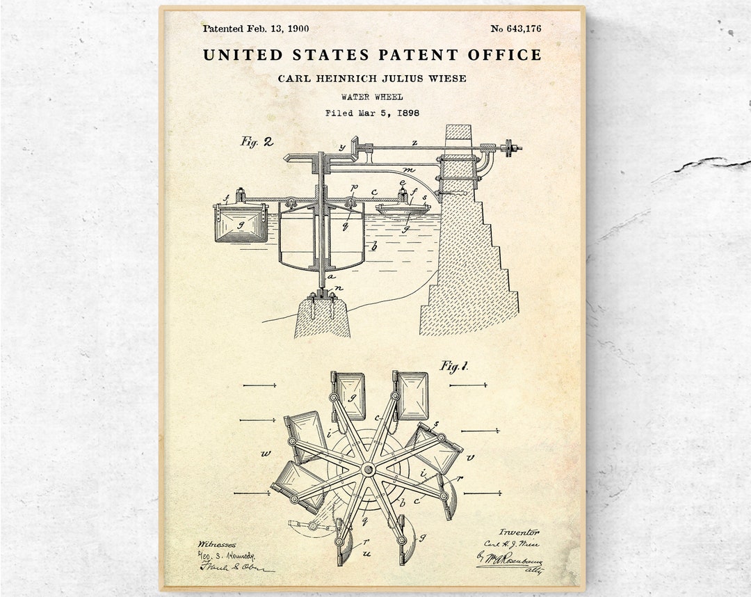 Water Wheel 1900 Patent Print. Renewable Energy Inventions, Blueprint ...