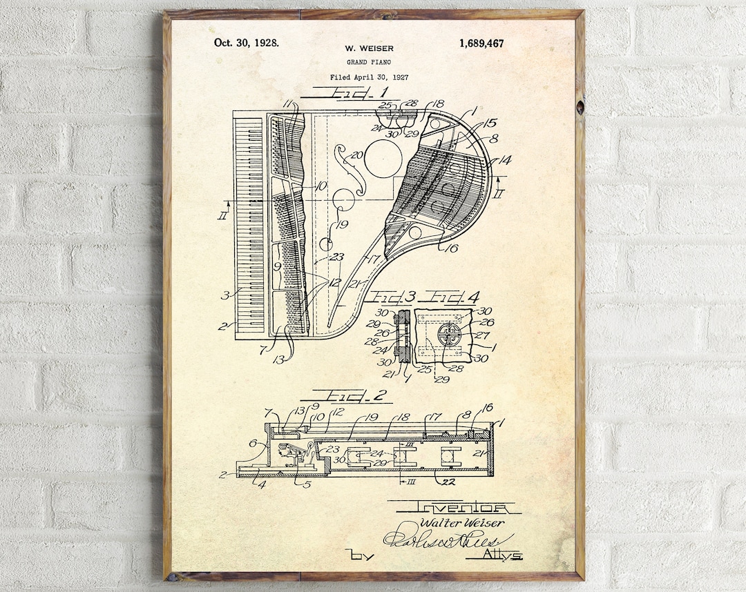 1928 Grand Piano Patent Print, Vintage Blueprint Poster, Musician Gift ...
