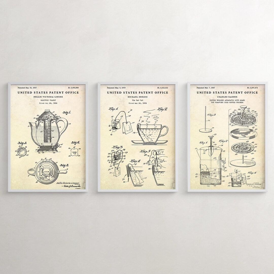 Tea Brewing Patent Wall Art, Kitchen Vintage Decor, French Press ...