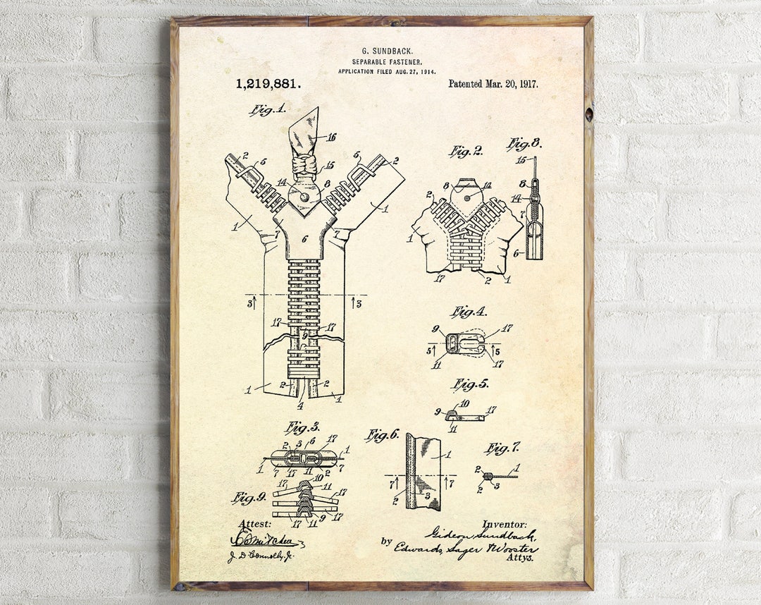 Zipper 1917 Patent Print. Fashion Wall Art, Invention Blueprint Poster ...
