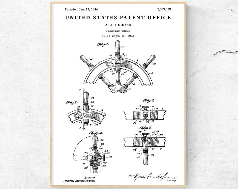 Vintage Ship Steering Wheel Patent Print. Nautical Wall Art. Blueprint ...