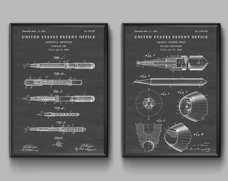 Fountain Pen & Ballpoint Pen Patent Wall Art. Writing Tools Blueprint ...