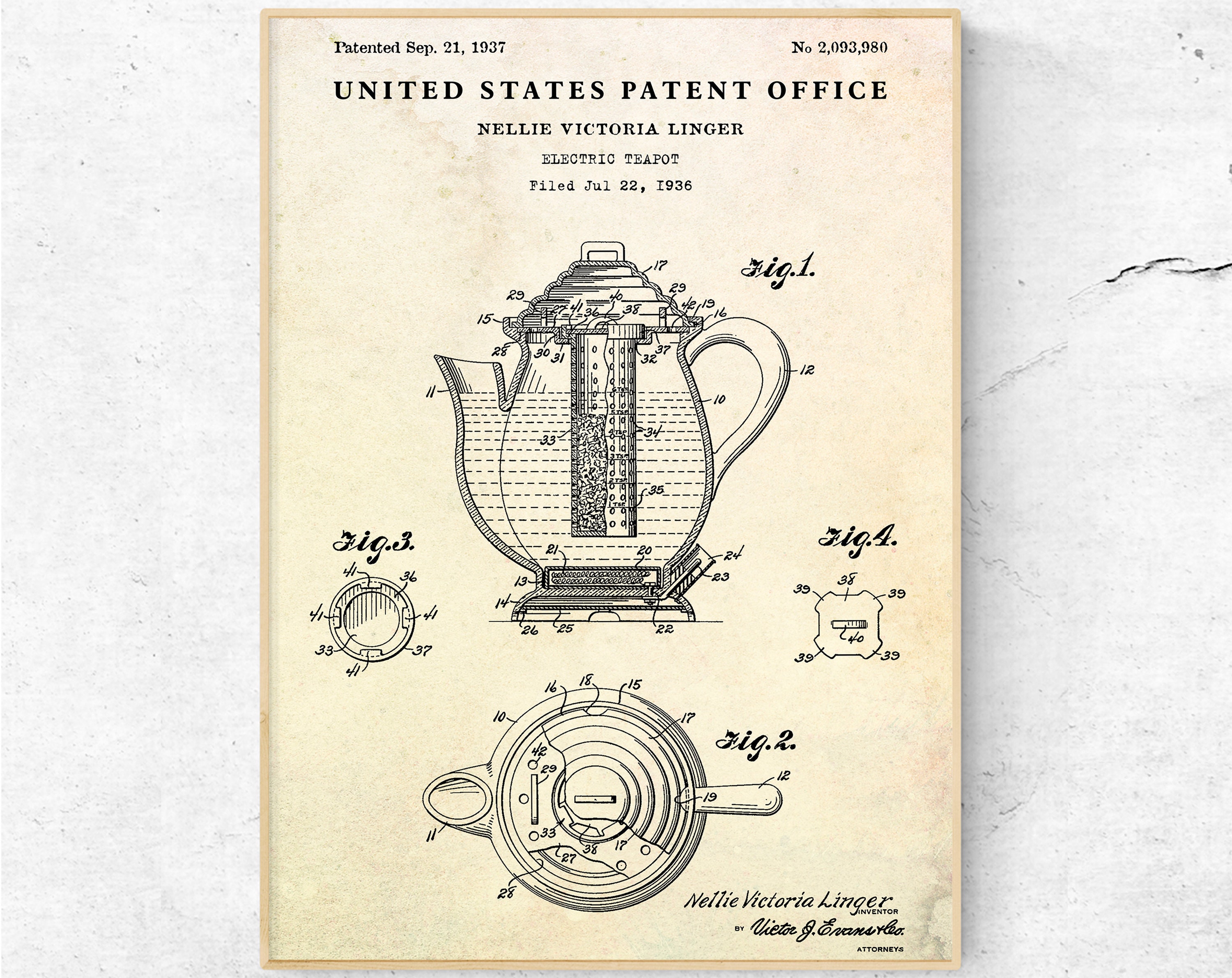 Electric Teapot 1937 Patent Print. Blueprint Poster. Tea Lover Gift ...