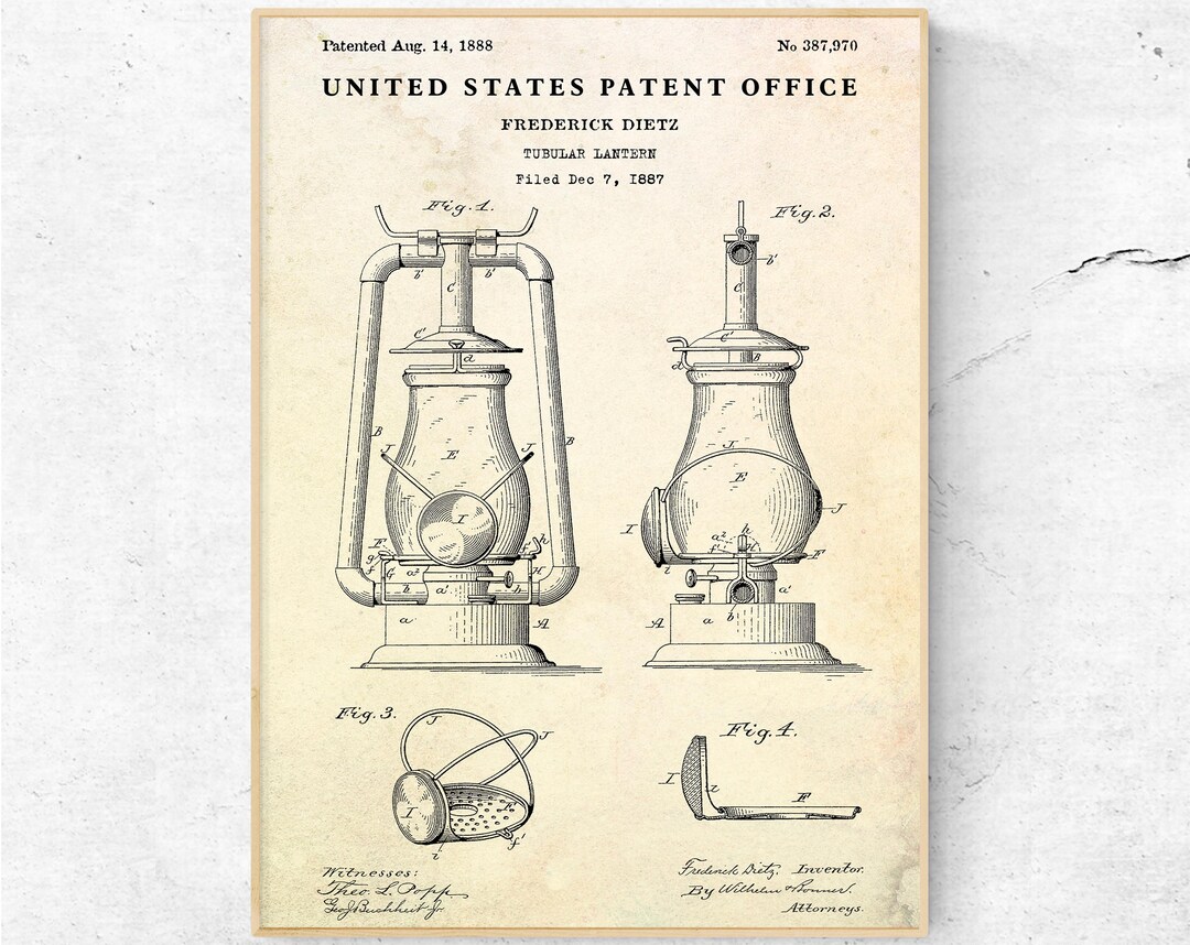 Tubular Oil Lantern 1888 Patent Print. Camping Vintage Poster. Rustic ...