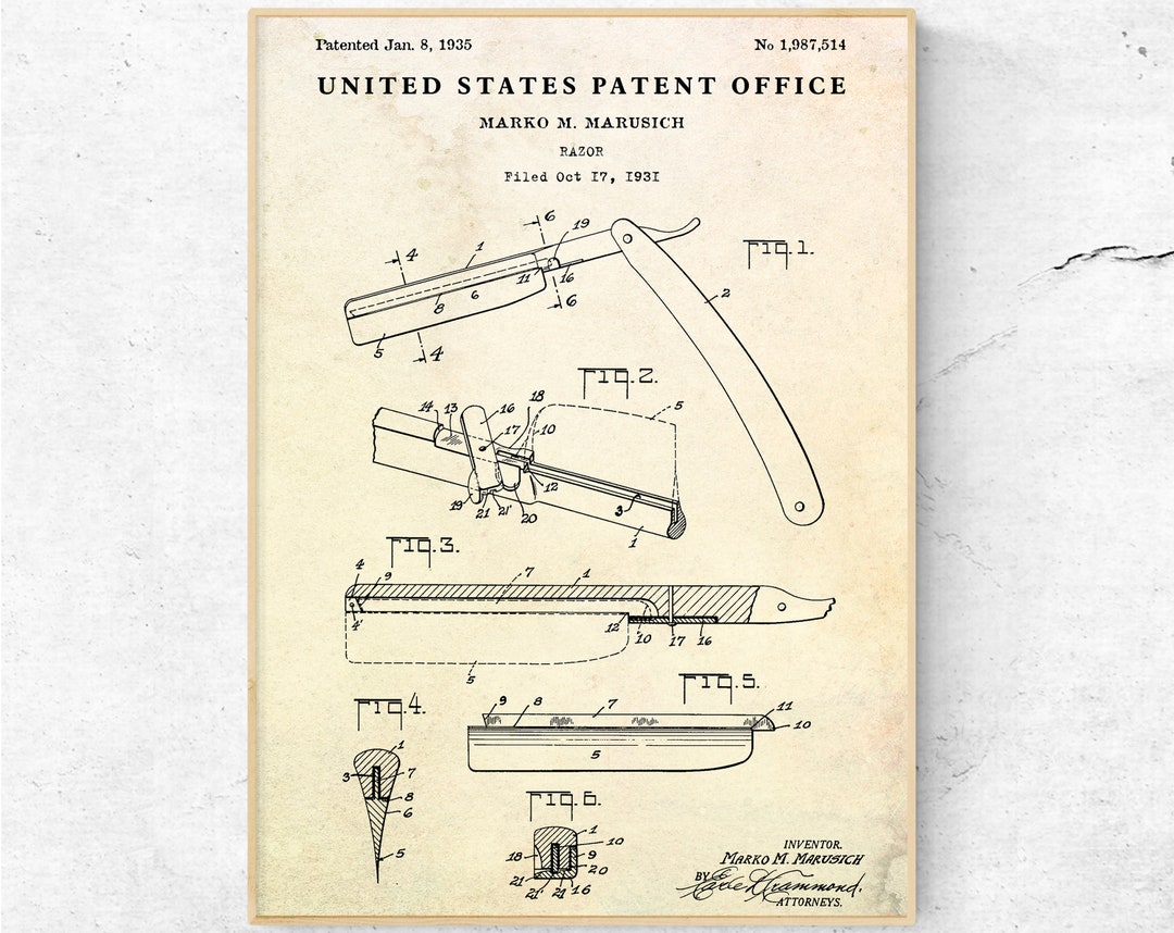 Straight Razor 1935 Patent Print. Shaving Inventions Blueprint Poster ...