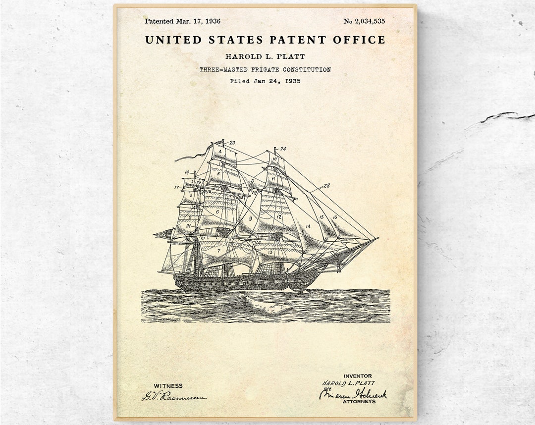 Three-masted Frigate USS Constitution 1936 Patent Print. Sailing ...