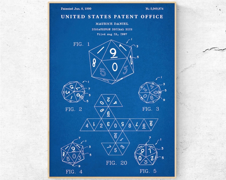 20 Sided Dice Patent Print. Dnd Icosahedron Decimal Dice | Etsy