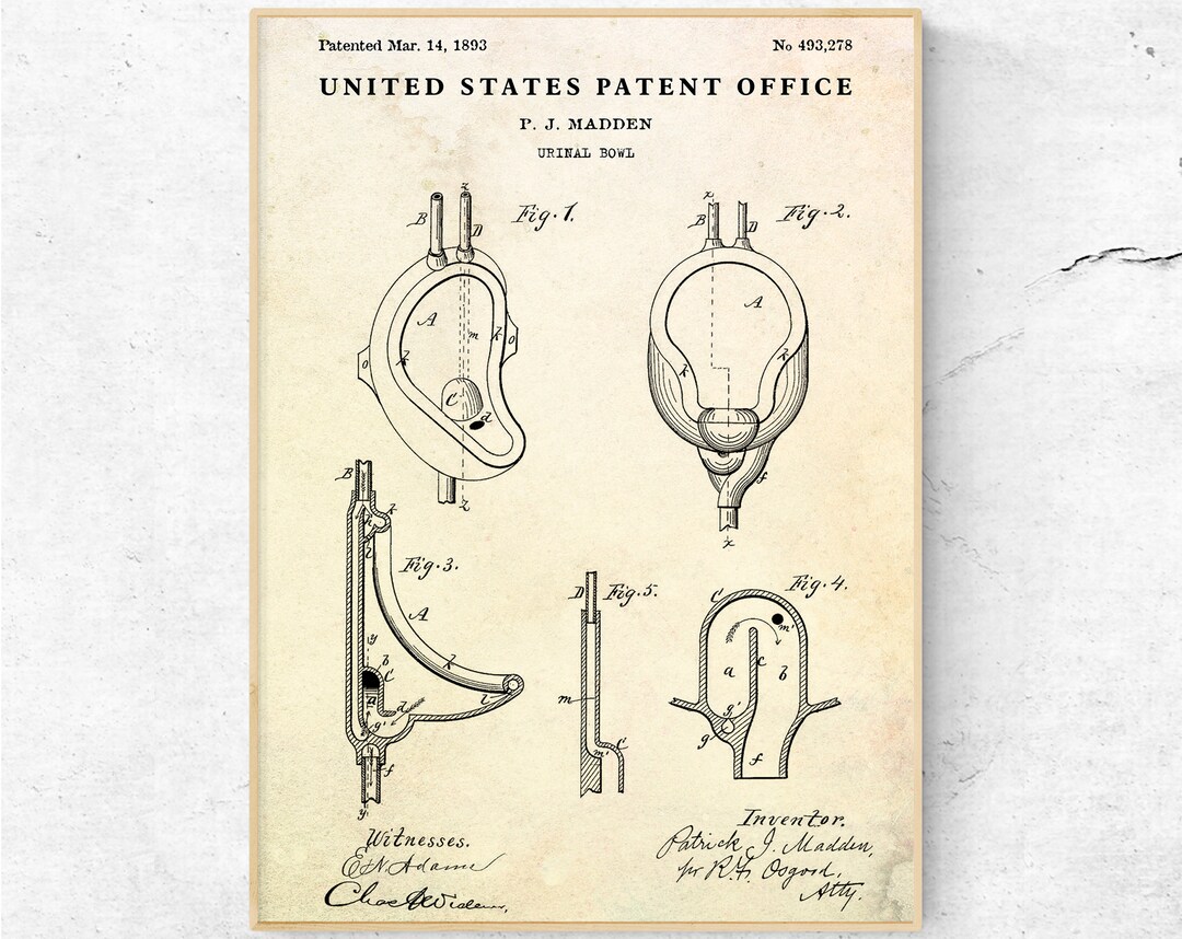Urinal 1893 Patent Print. Toilet Invention Blueprint Poster. Mens ...