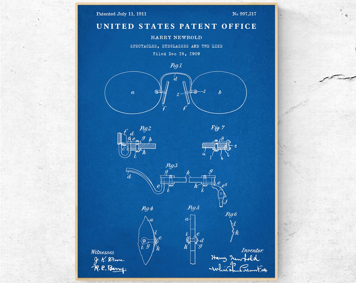 Eyeglasses 1911 Patent Print. Spectacles Blueprint Poster, Vision ...