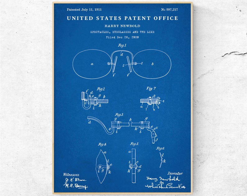 Eyeglasses 1911 Patent Print. Spectacles Blueprint Poster, Vision ...