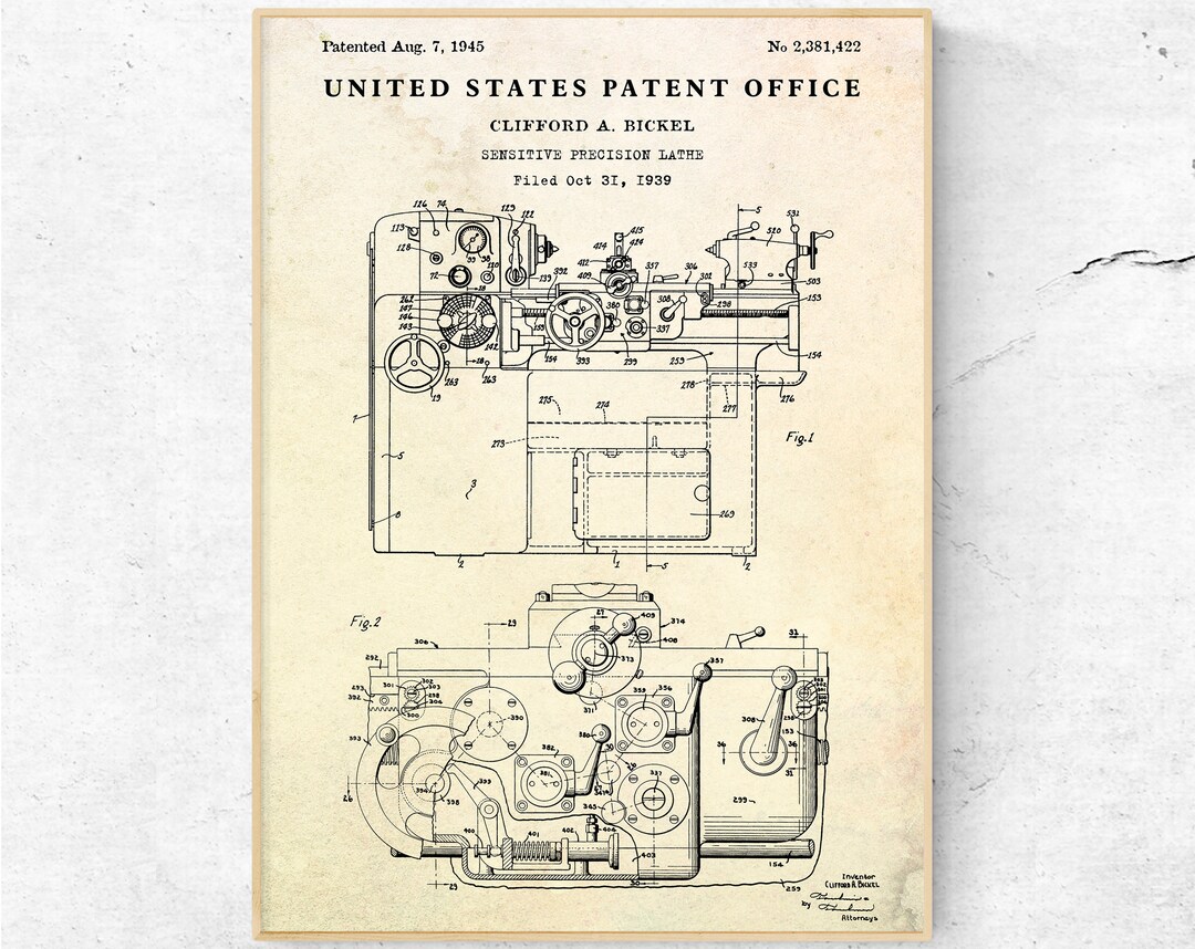 Metal Lathe 1945 Patent Print. Inventions Blueprint Poster. Vintage ...