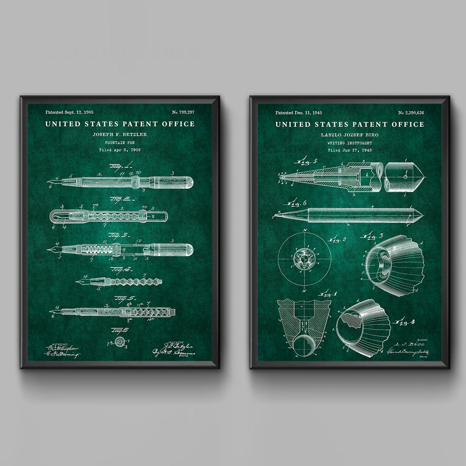 Fountain Pen & Ballpoint Pen Patent Wall Art. Writing Tools Blueprint ...