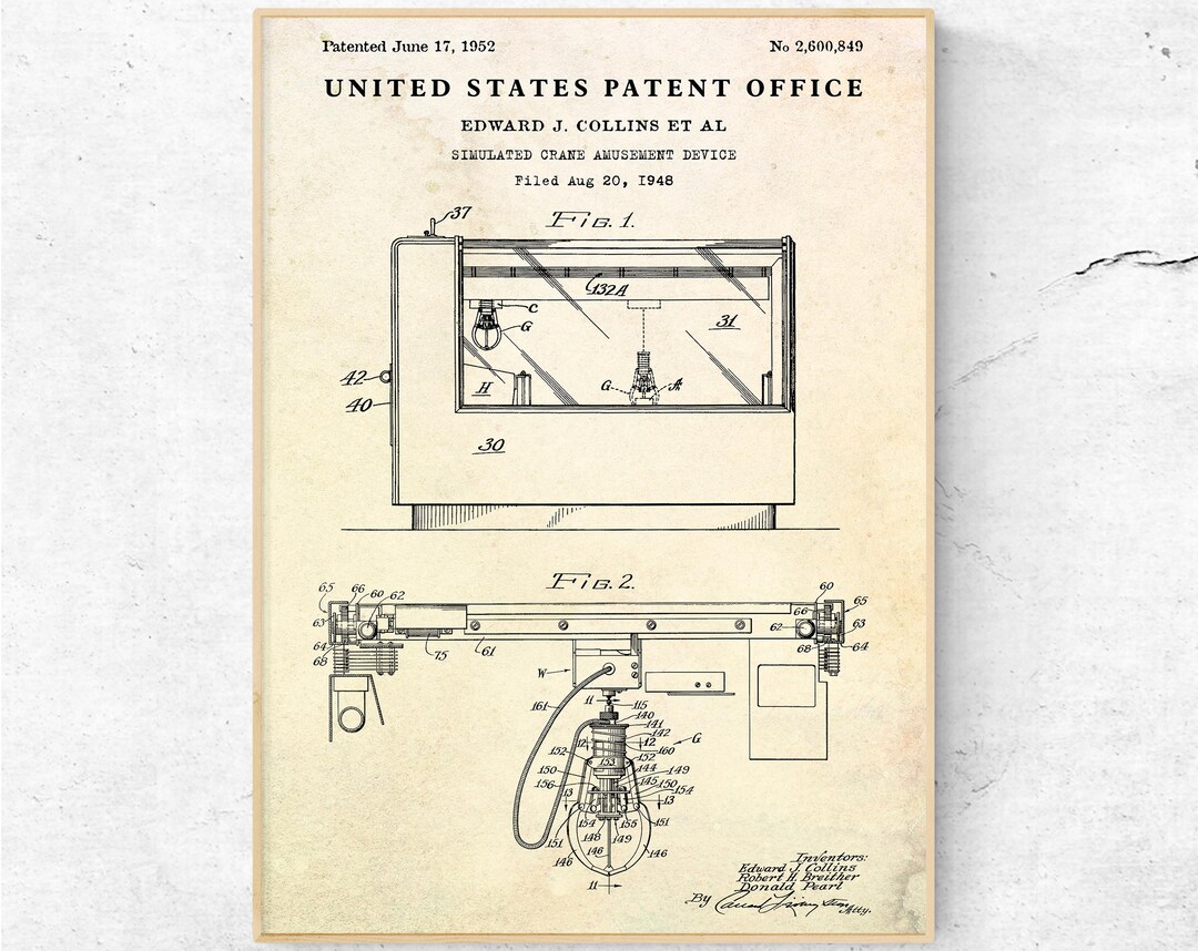 Claw Machine 1939 Patent Print, Coin Op Claw Crane Arcade Games ...