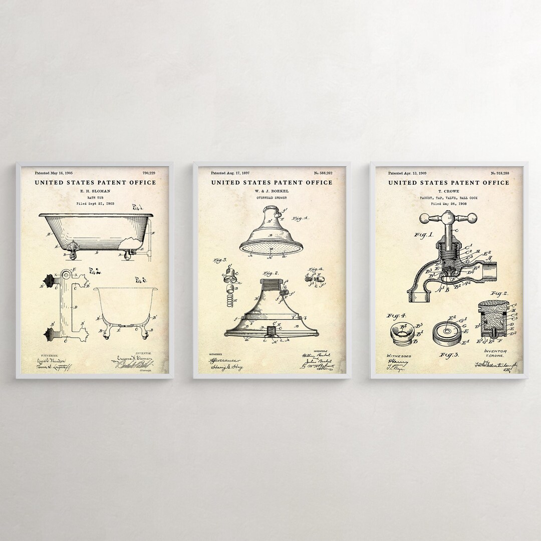 Vintage Bathroom Patent Wall Art, Bathtub, Shower, Faucet Blueprint ...