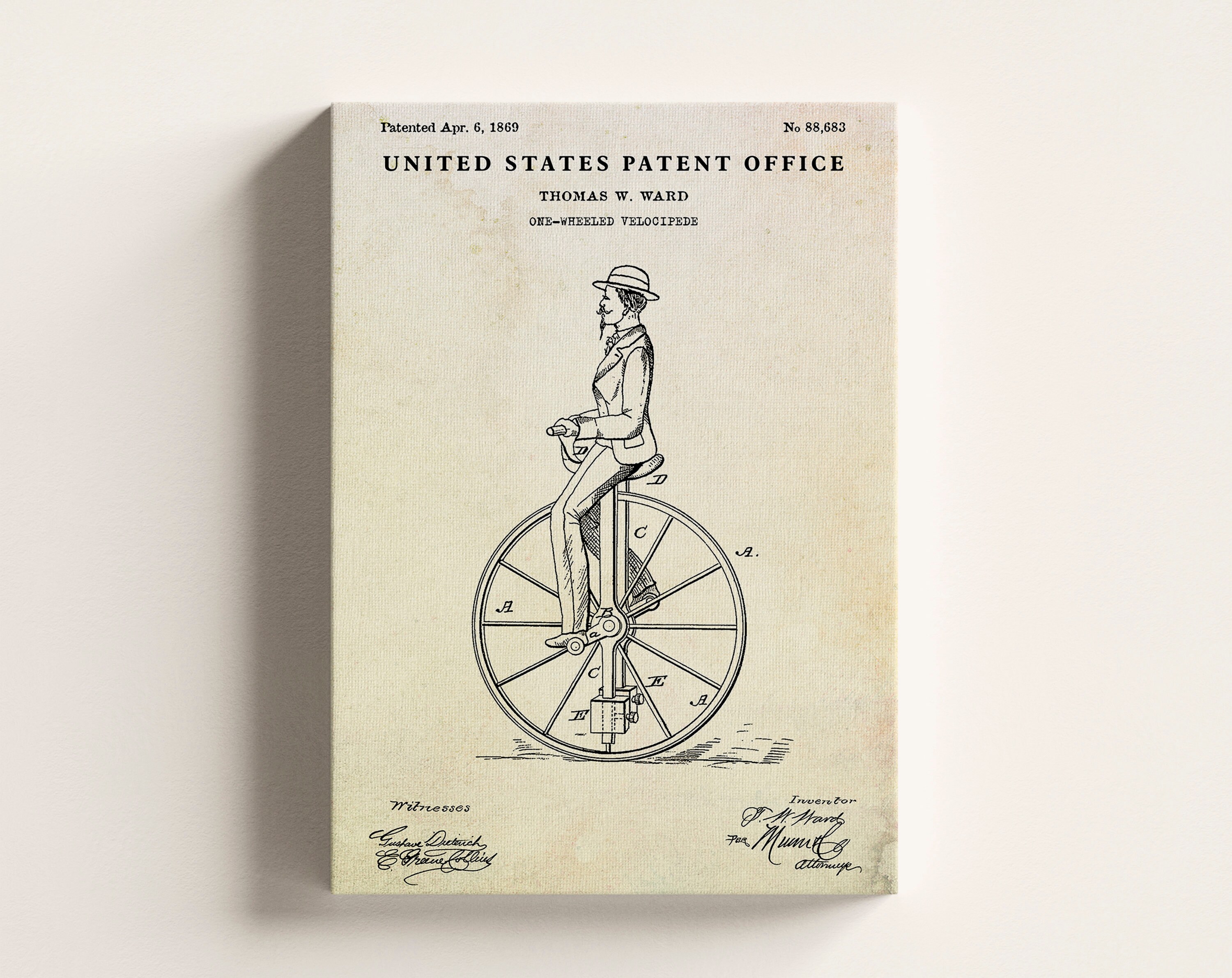 Antique Unicycle 1869 Patent Print, Vintage Bicycle Wall Art, Bike ...