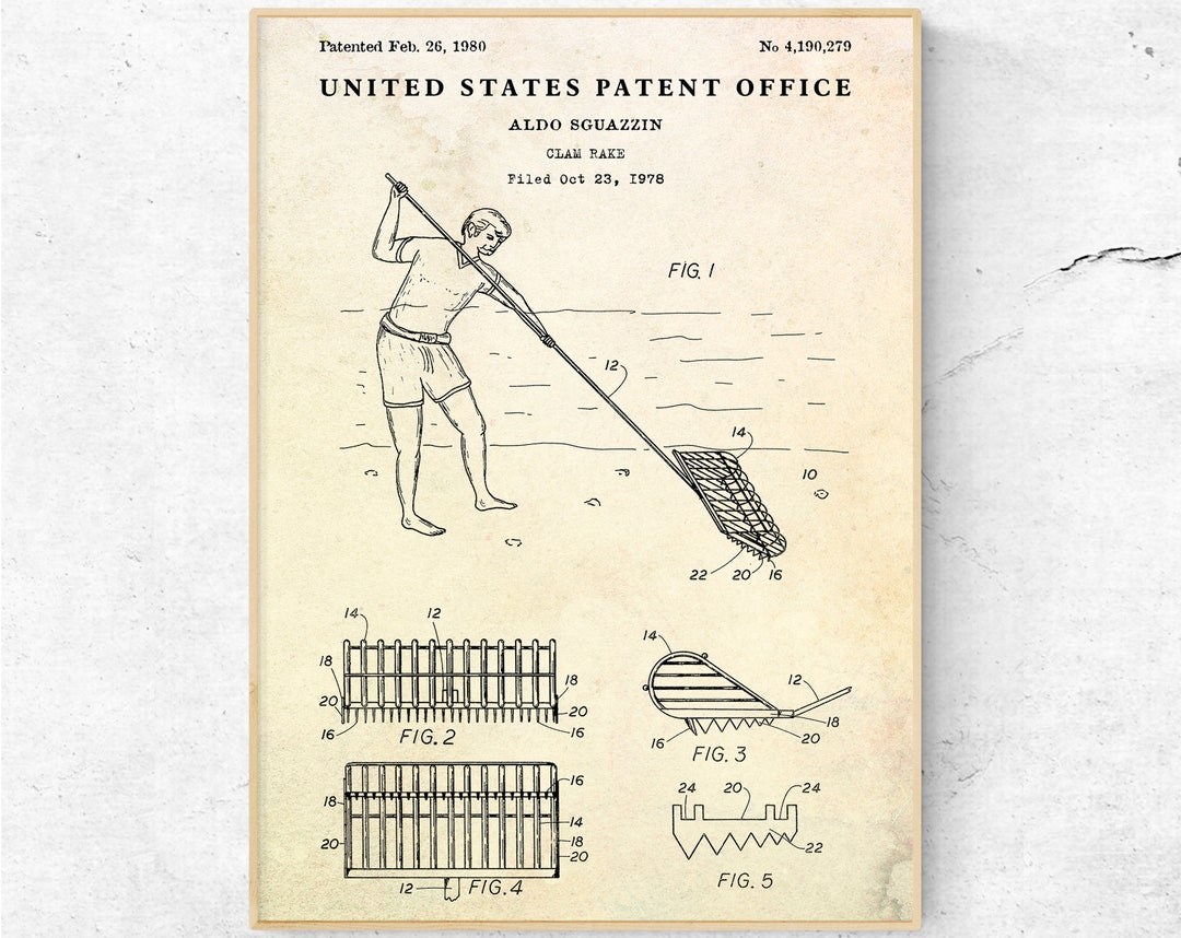 Fishing Decor: Clam Rake Patent Print. Blueprint Poster. Beach - Etsy