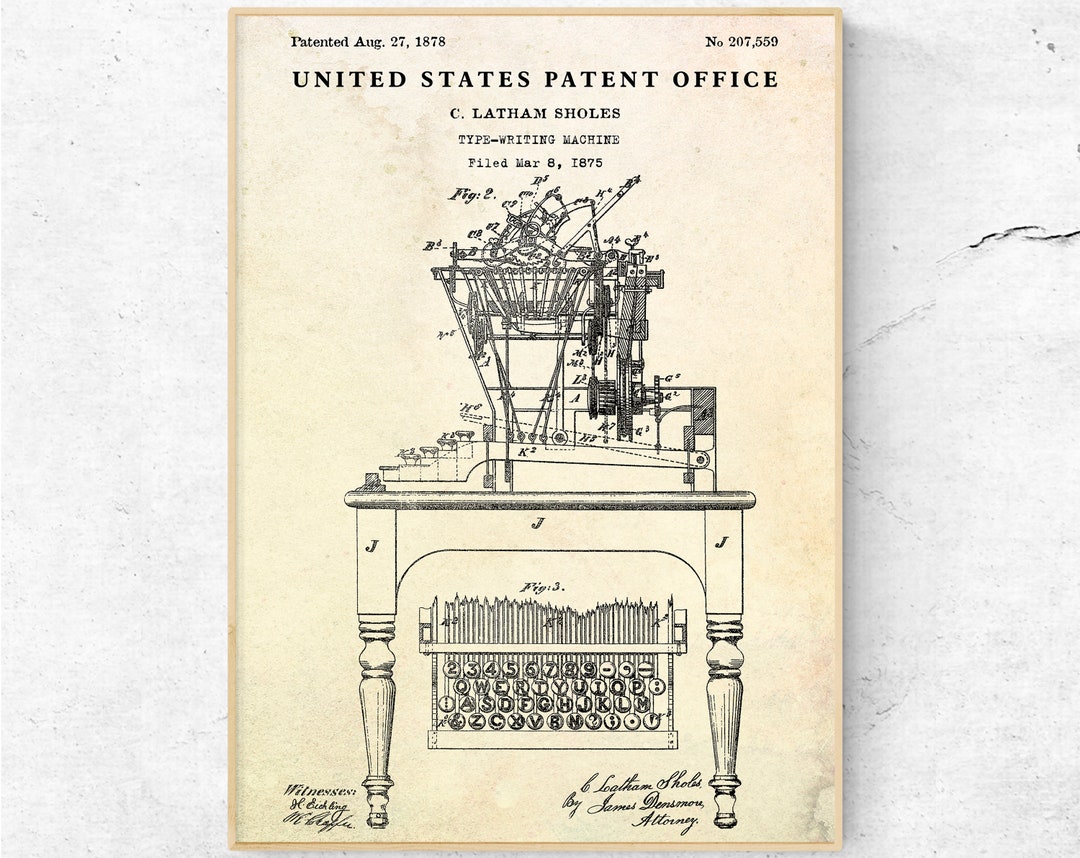 Typewriter 1878 Patent Art Print. Typing Machine Design Invention ...