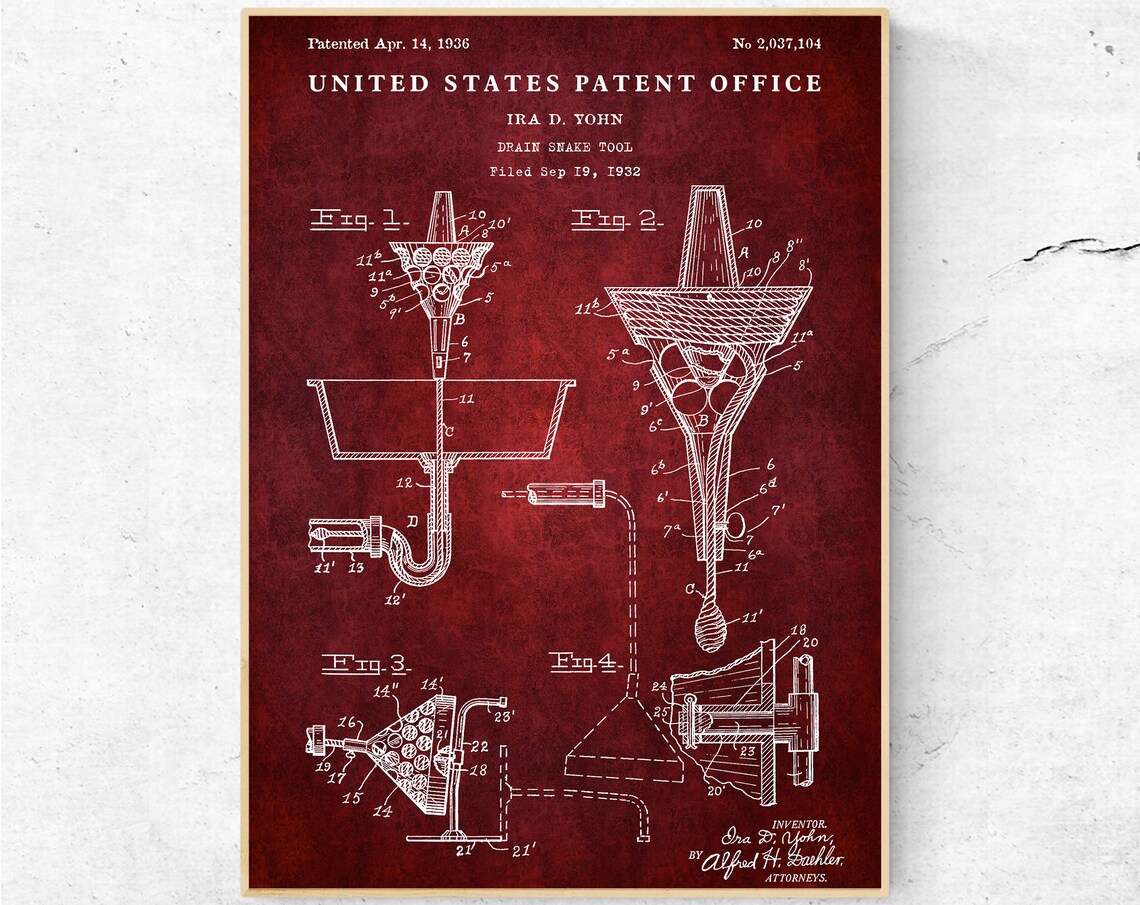 Drain Snake Tool 1936 Patent Print. Plumbing Invention Blueprint Poster ...