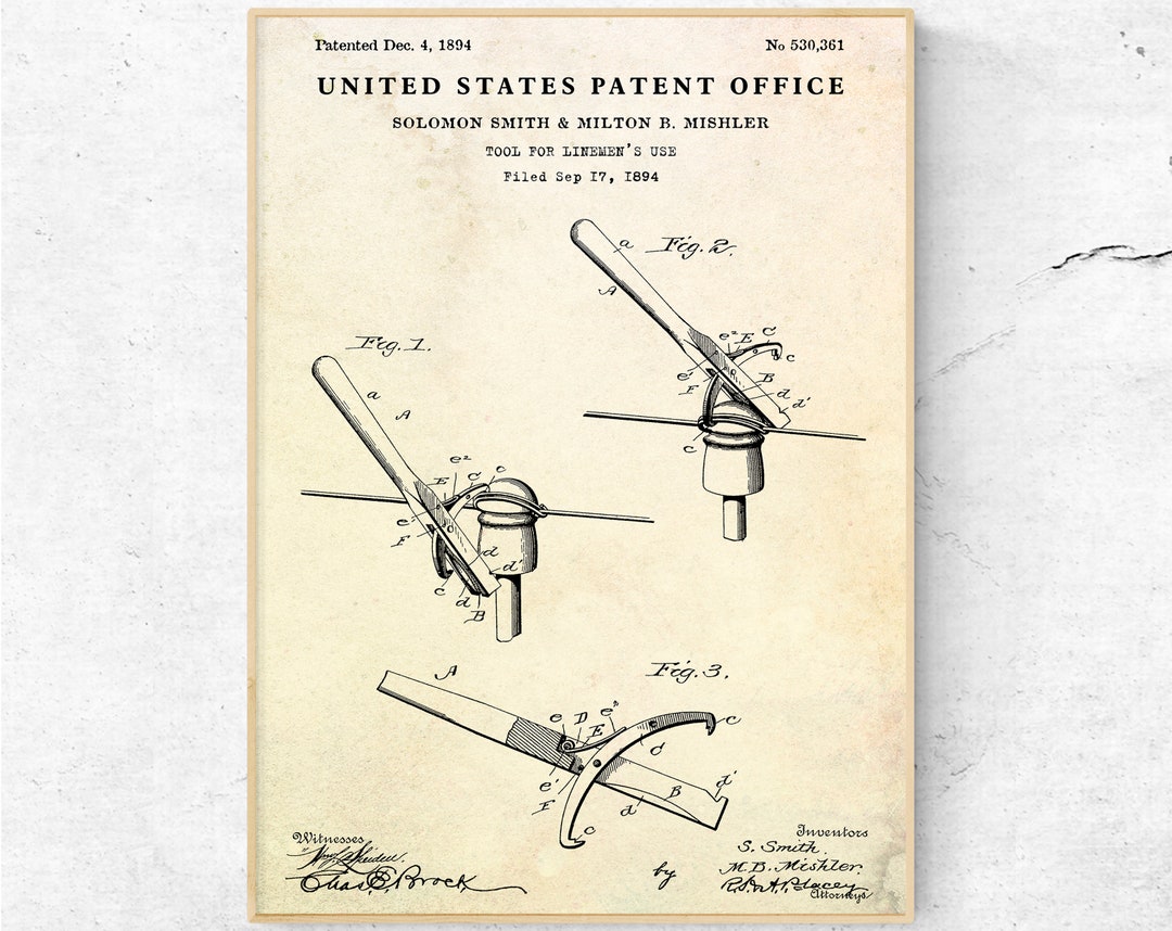 Lineman Wall Art: Lineman's Tool 1894 Patent Art Print. Powerline ...