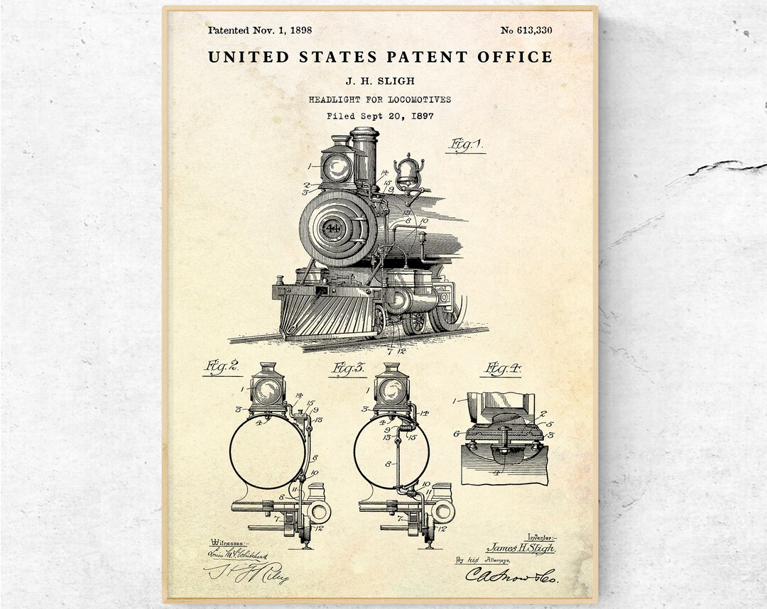 Locomotive Headlight 1898 Paten Print. Antique Steam Train Railway ...