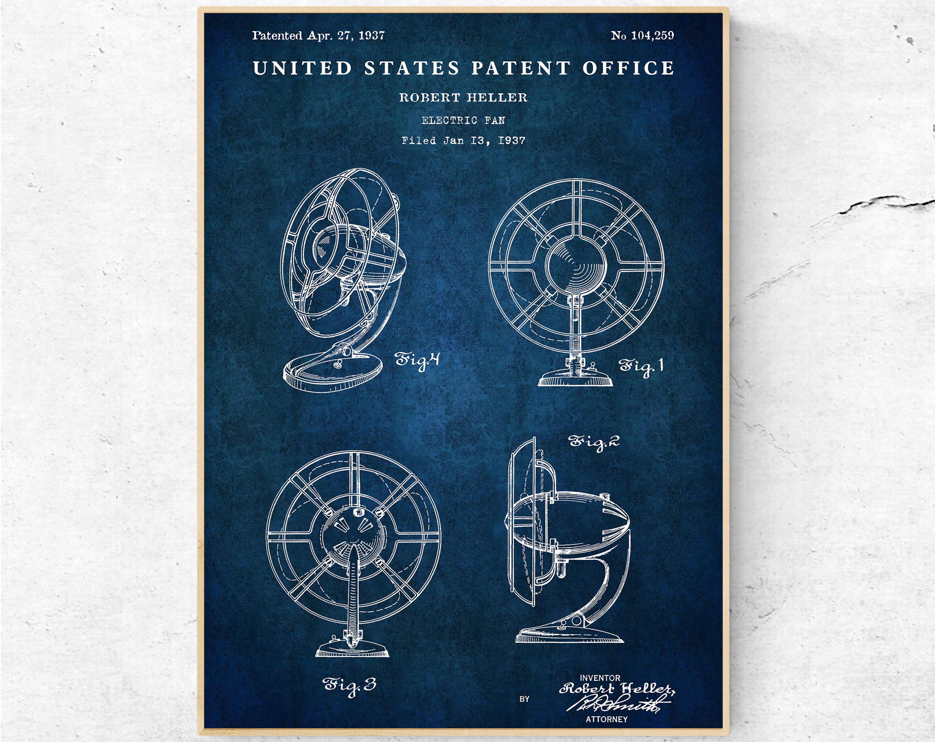 Electric Fan 1937 Patent Print. HVAC Invention Vintage Blueprint Poster ...