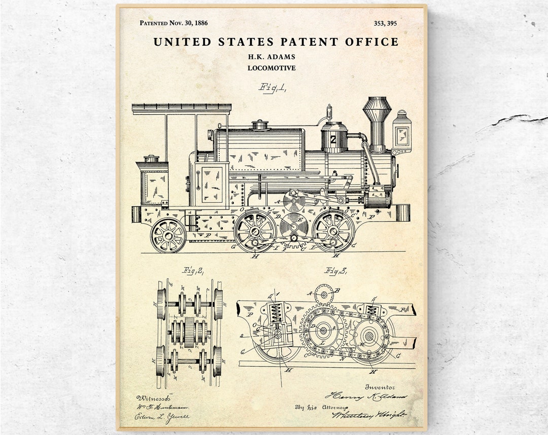 Railroad Locomotive Train Patent Print, Steampunk Wall Art Train Steam ...