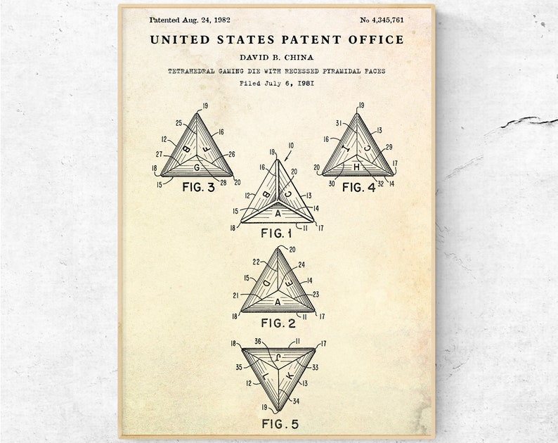 Tetrahedral Dice Patent Art Print. Dungeon Dragons Blueprint Poster ...