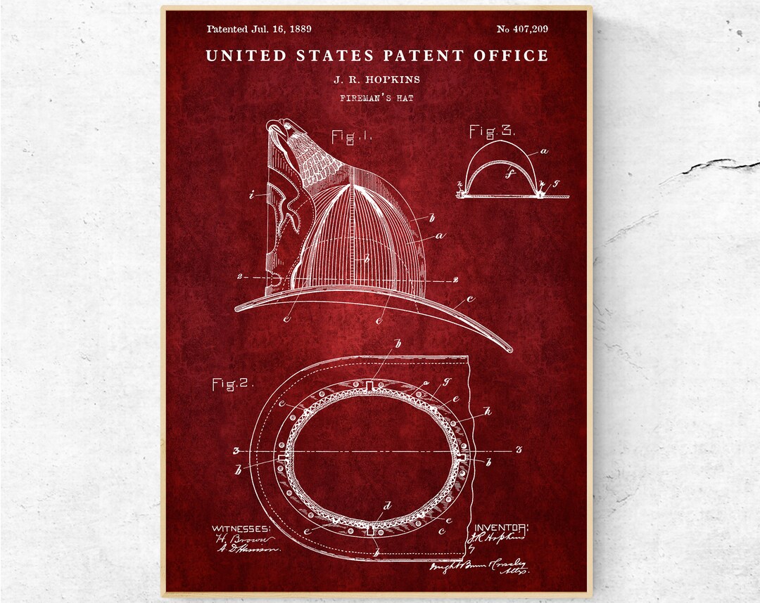 Fireman's Helmet 1889 Patent Print, Fireman Firefighter Gift ...