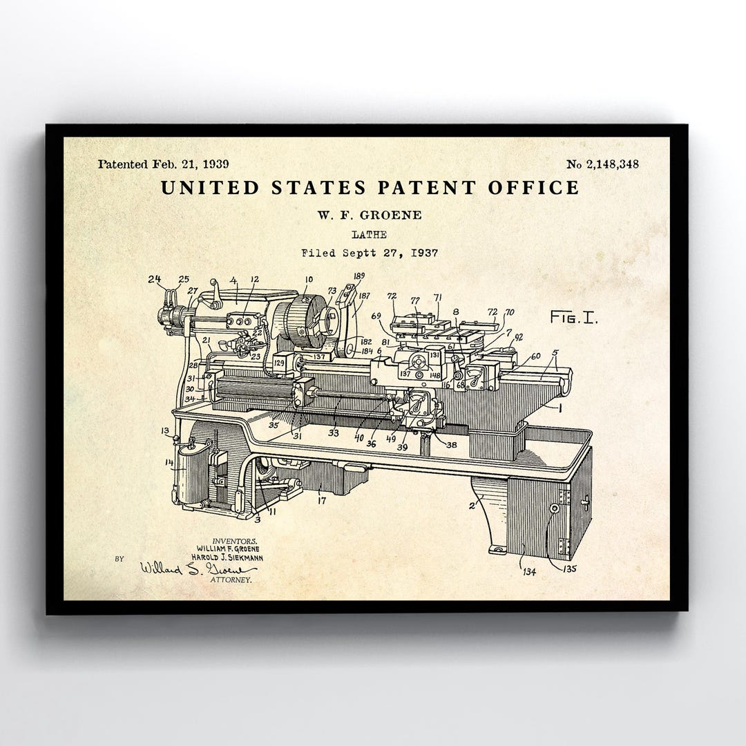 Lathe Patent Print. Blueprint Poster. Vintage Machine Tools Inventions ...