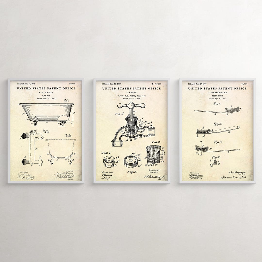 Bathroom Patent Wall Art: Bathtub, Faucet, Toothbrush Inventions ...