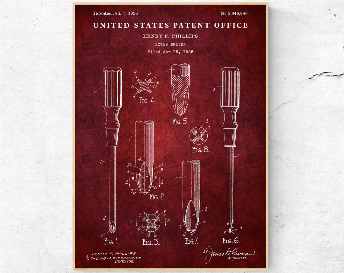 Phillips Screwdriver 1936 Patent Art Print. Carpenter, Woodworker Gift ...