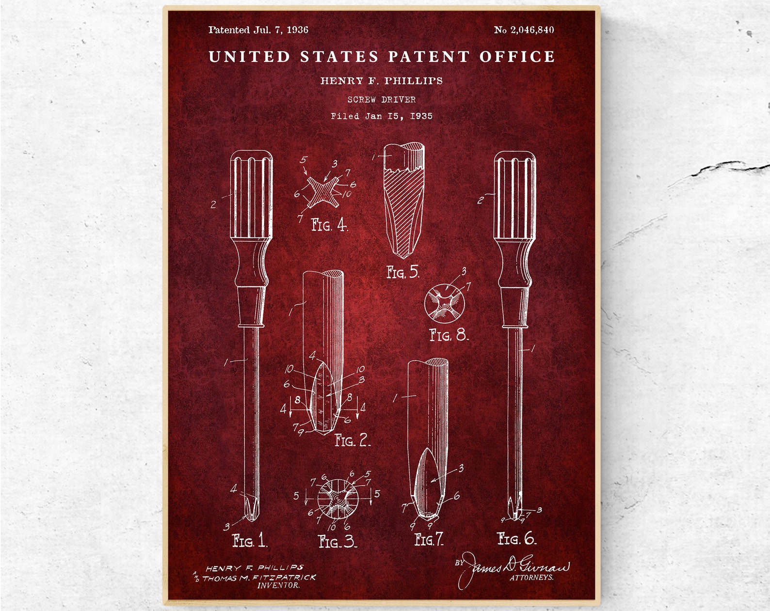 Phillips Screwdriver 1936 Patent Art Print. Carpenter, Woodworker Gift ...