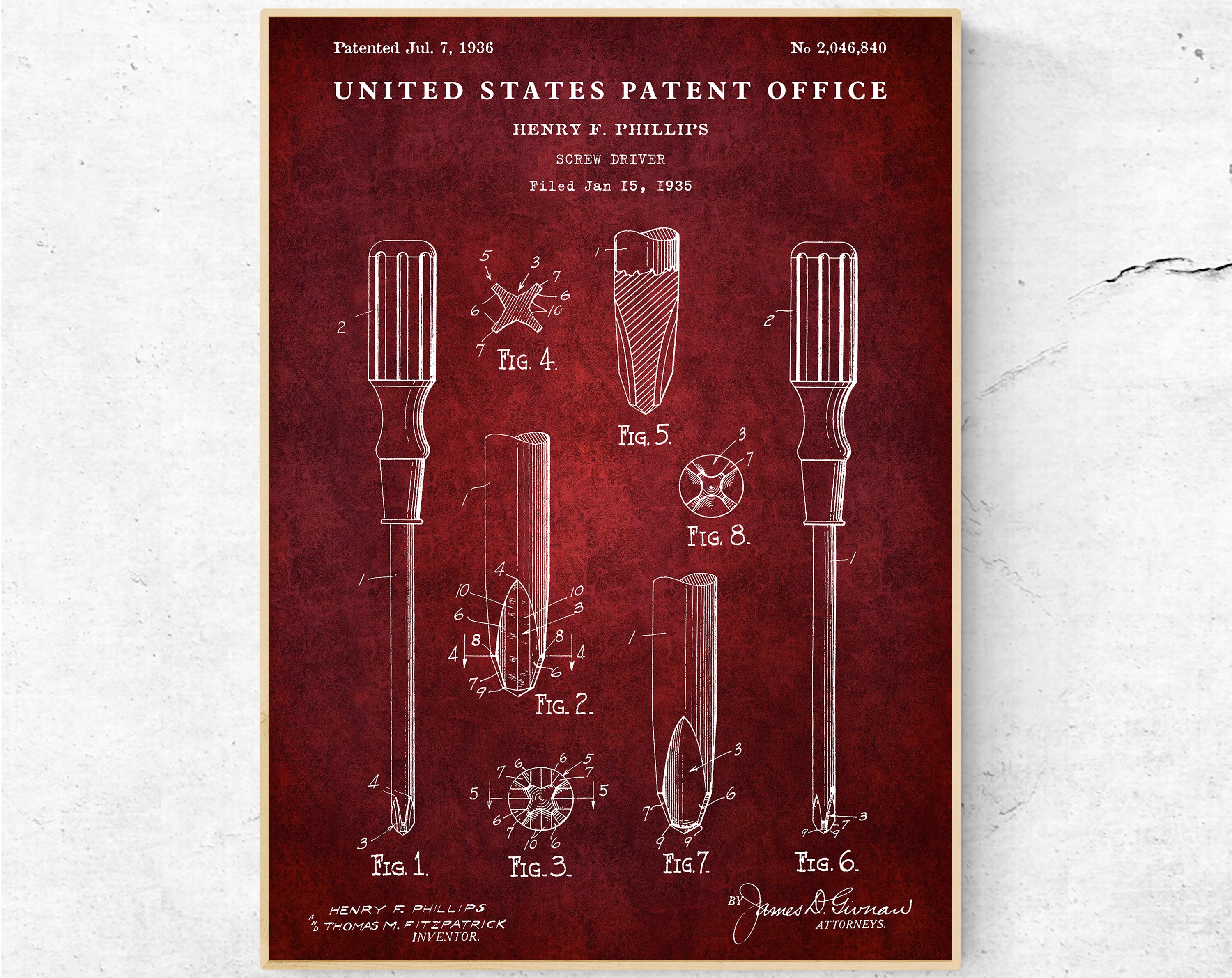 Phillips Screwdriver 1936 Patent Art Print. Carpenter, Woodworker Gift ...