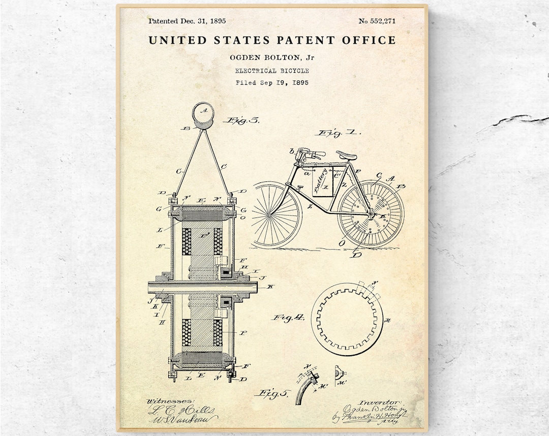 First Electric Bike 1895 Patent Print. Cycling Inventions Blueprint ...