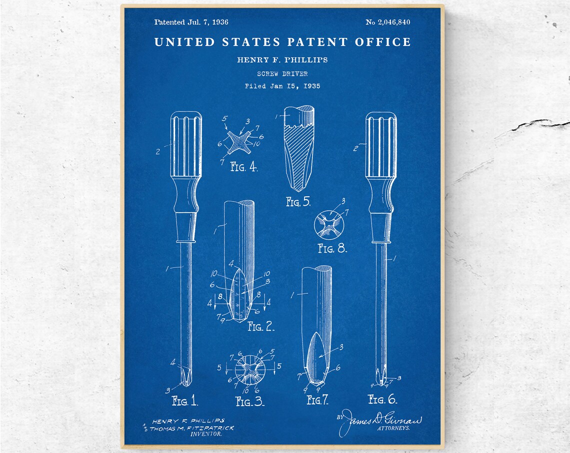Phillips Screwdriver 1936 Patent Art Print. Carpenter, Woodworker Gift ...