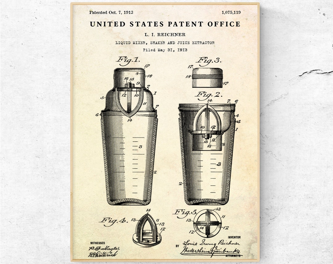 Drink Shaker Mixer 1913 Patent Print. Cocktail Inventions Blueprint ...