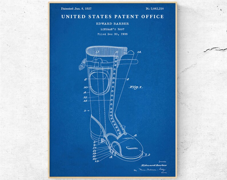 Lineman's Boot 1981 Patent Print. Lineman Wall Art, Vintage Inventions ...